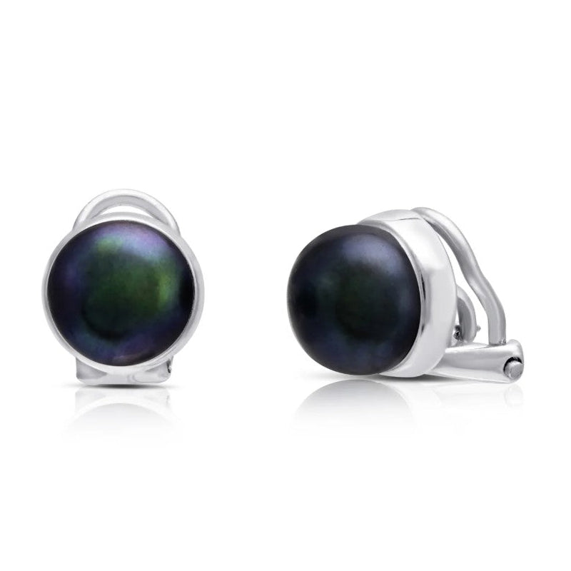 Black Cultured Freshwater Button Pearl Clip-On Earrings